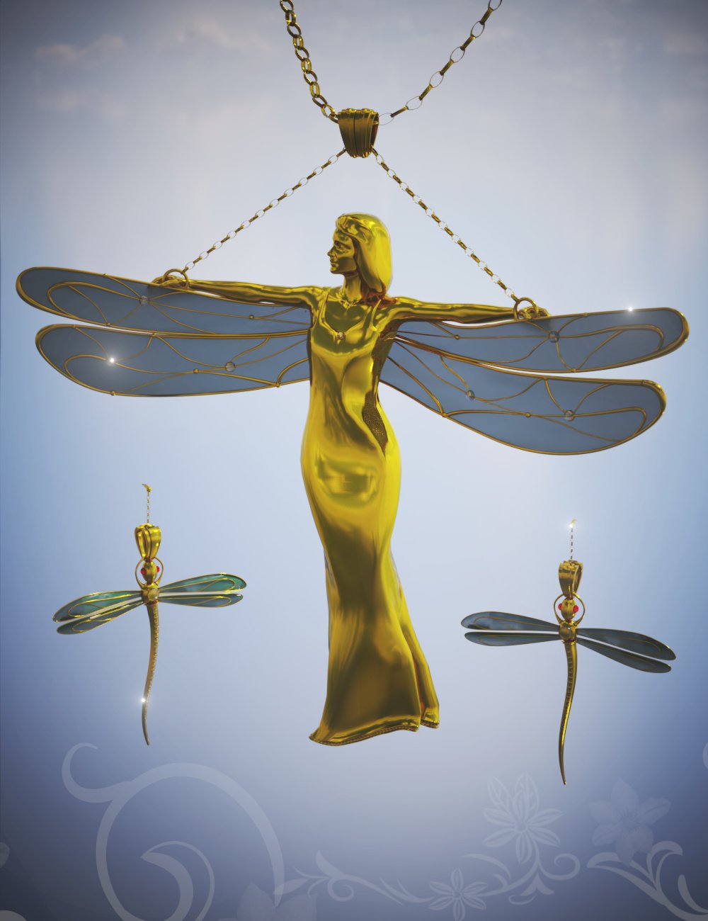 Lady Dragonfly Pendant And Earrings For Genesis 9 And 8 Females [Request]