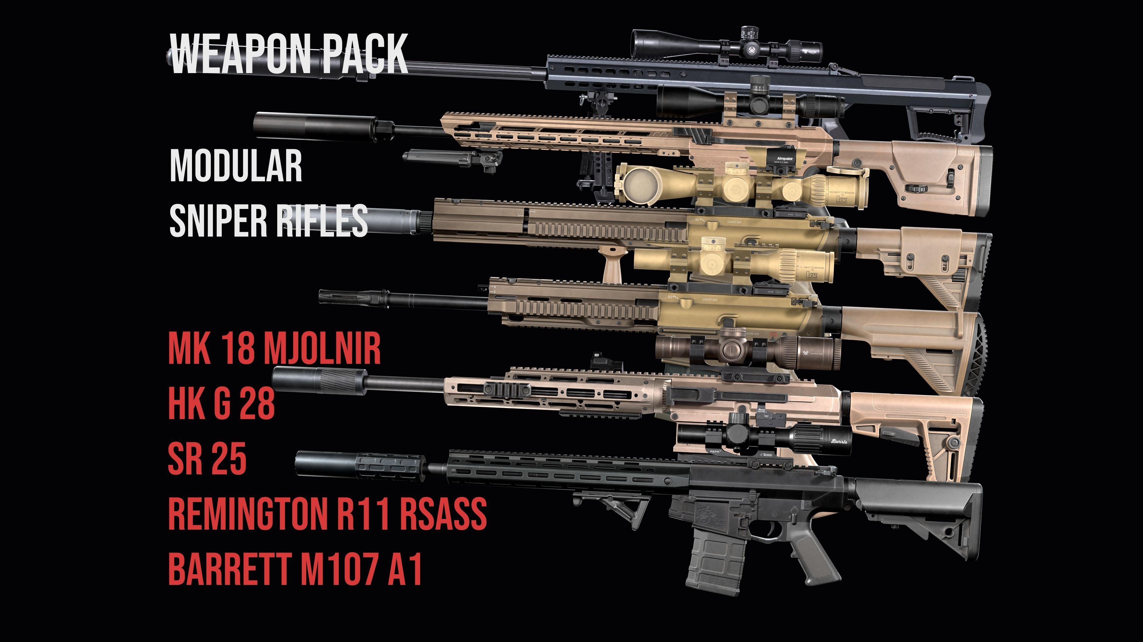 Tactical Modular Modern Sniper Rifles Gun Weapon Pack 3D Model ...