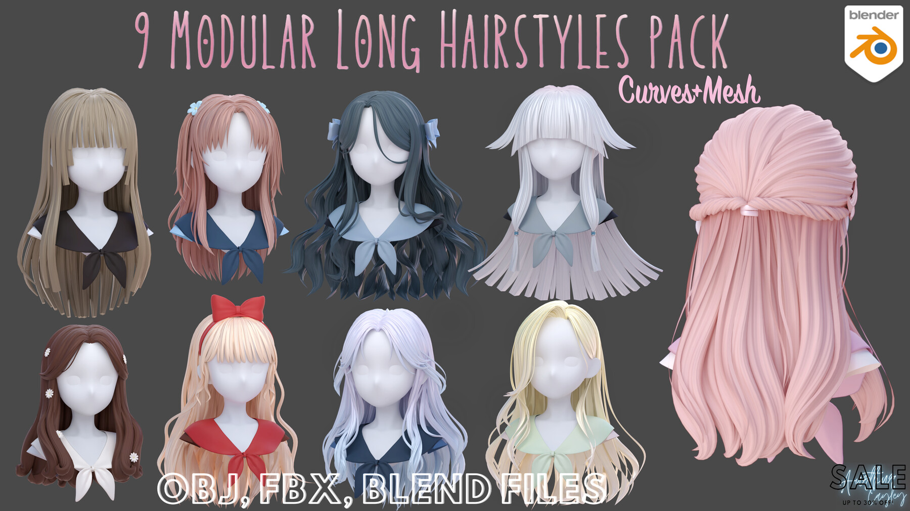 9 Modular Long Hairstyle Pack / Collection- Curves+Mesh - Blend, Obj ...